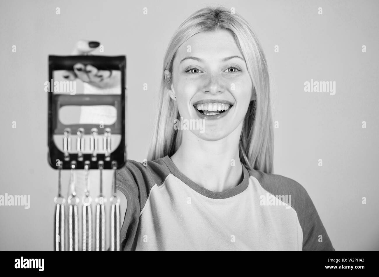 Improve your body. Achieve great shape. Enjoy result. Woman stretch ...