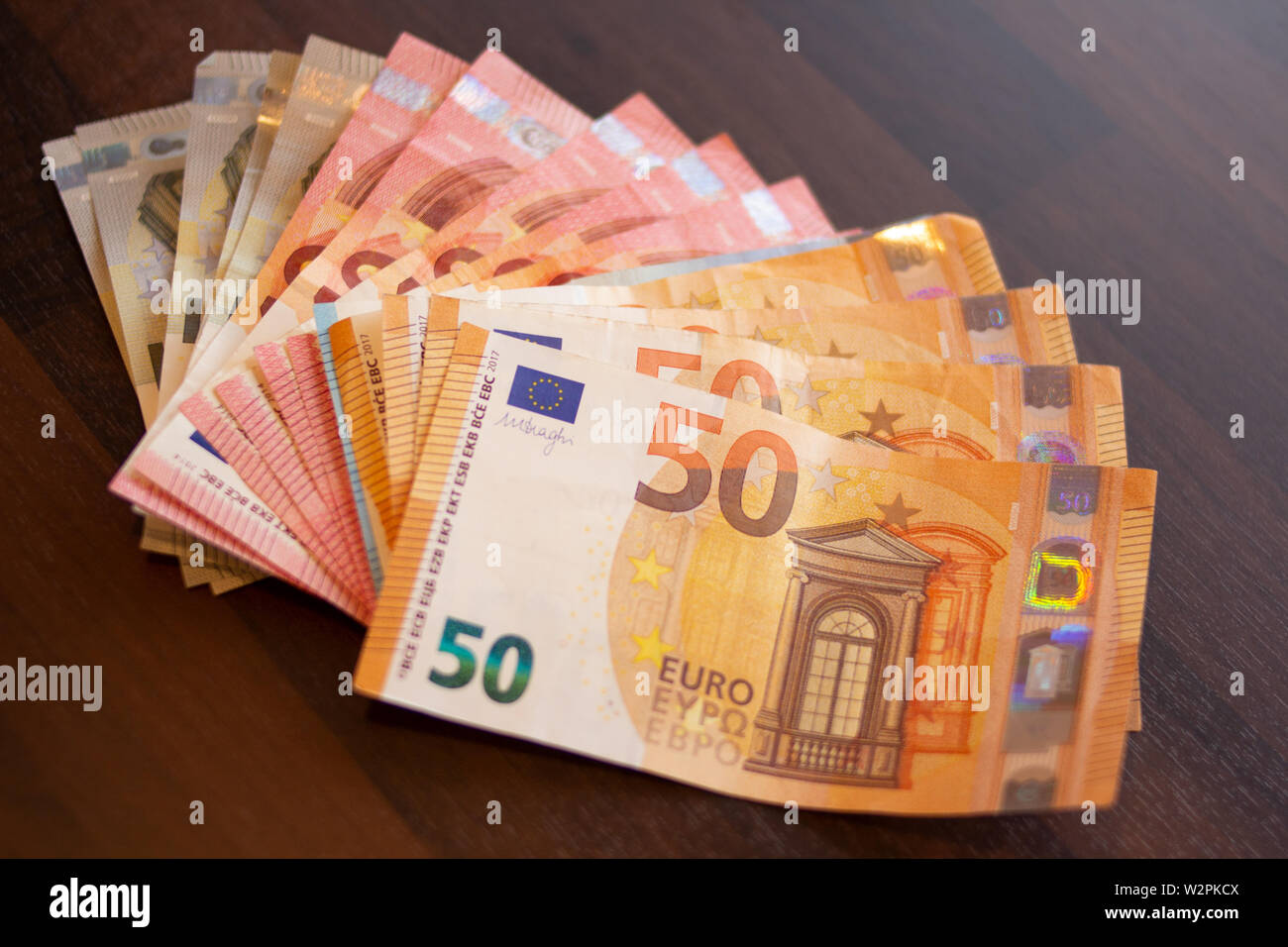 Euro Money background. Various euro banknotes stacked by value. Close ...