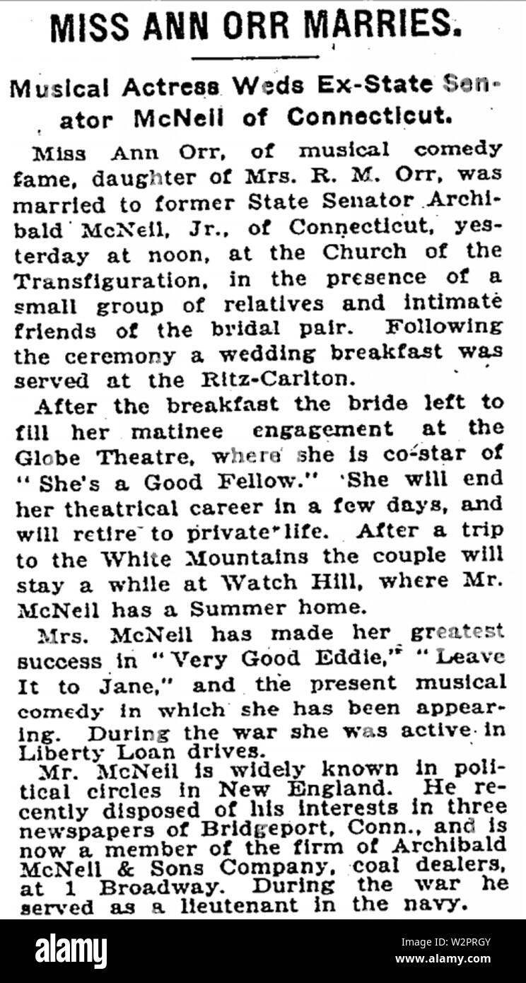 Ann Orr marriage in the New York Times on August 3, 1919 Stock Photo ...