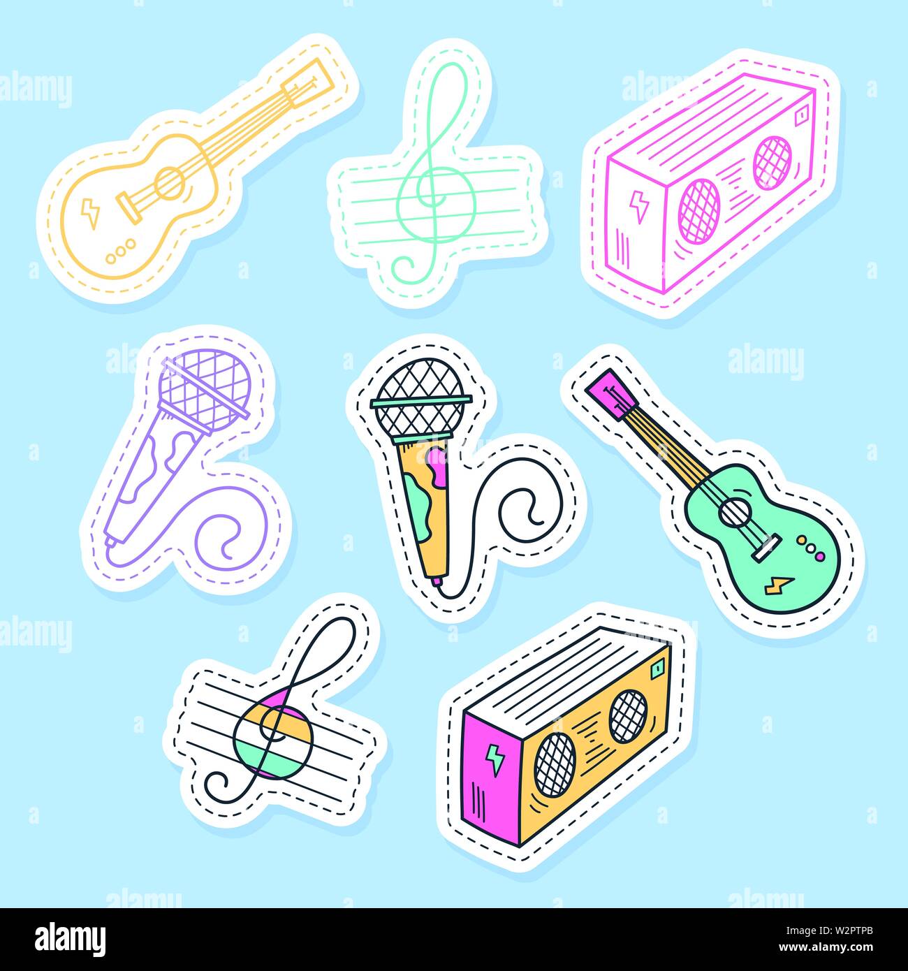 Set of music stickers, pins, patches and handwritten collection in ...