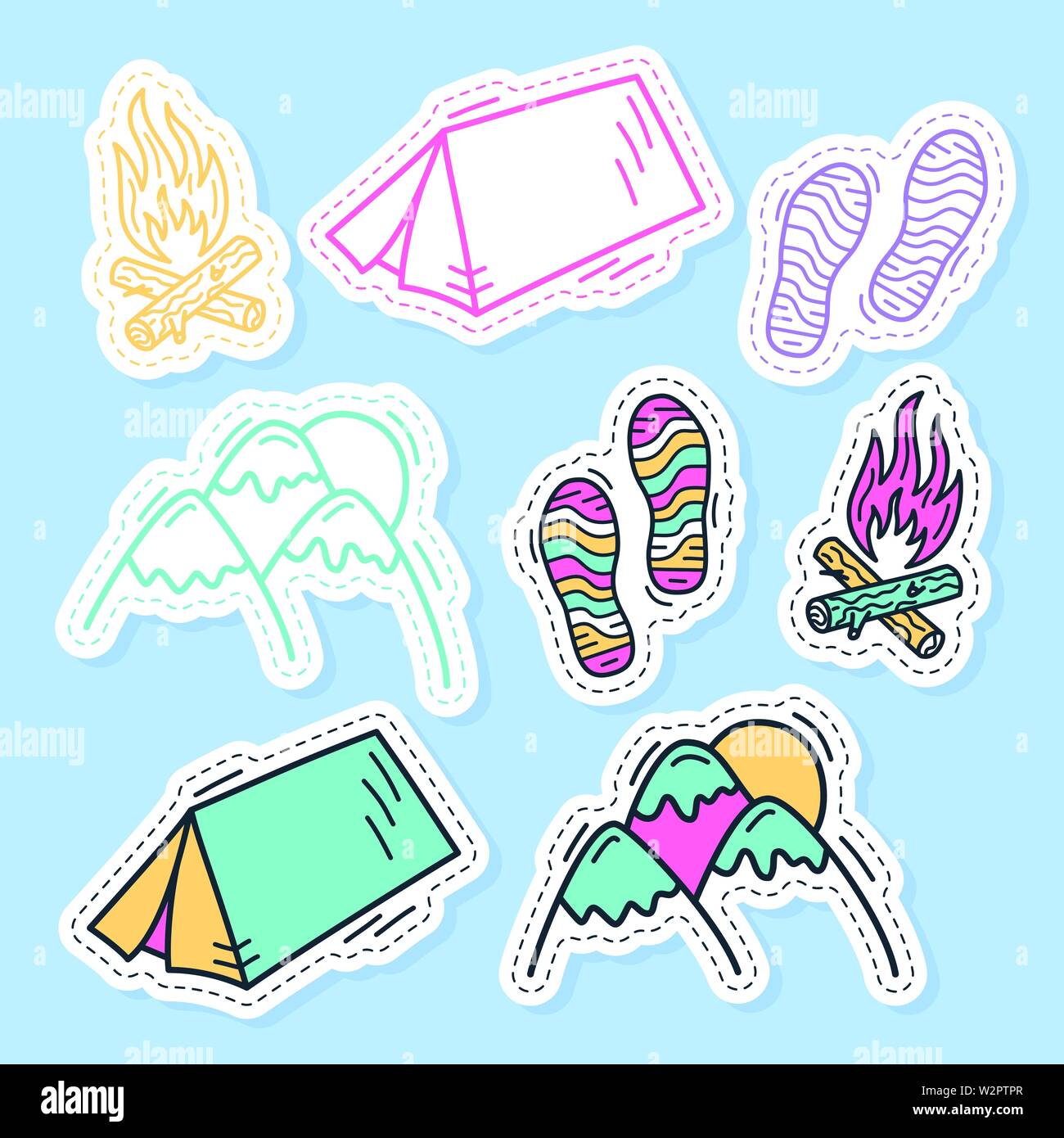 Set of travel stickers, pins, patches and handwritten collection in ...