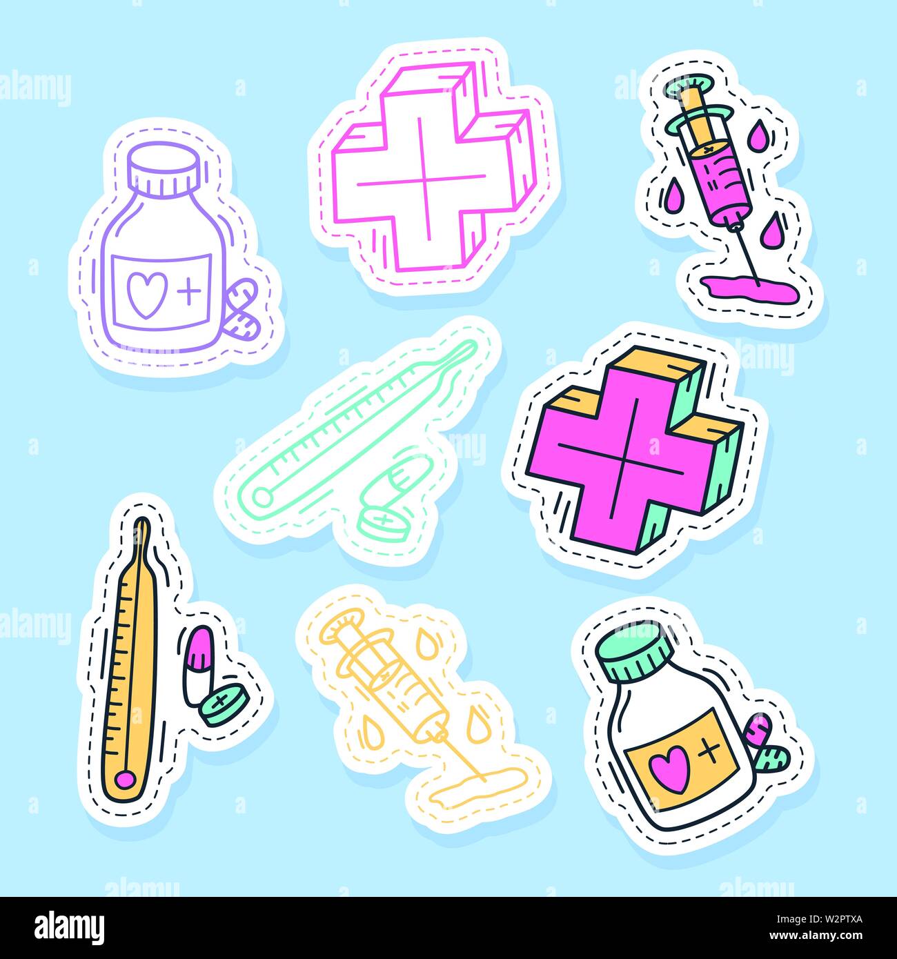 Set of medicine stickers, pins, patches and handwritten collection in ...