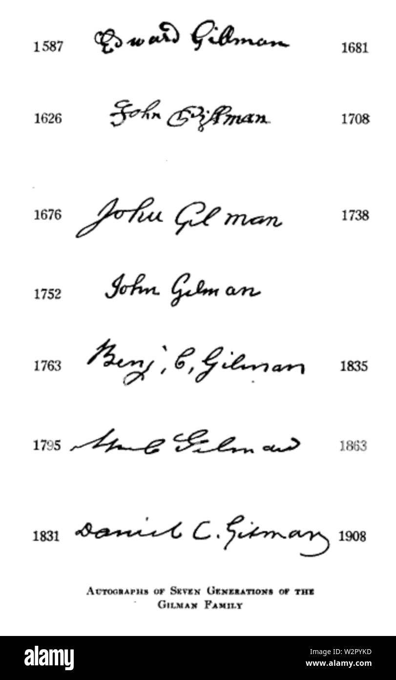 Autographs of seven generations of the Gilman family Stock Photo - Alamy