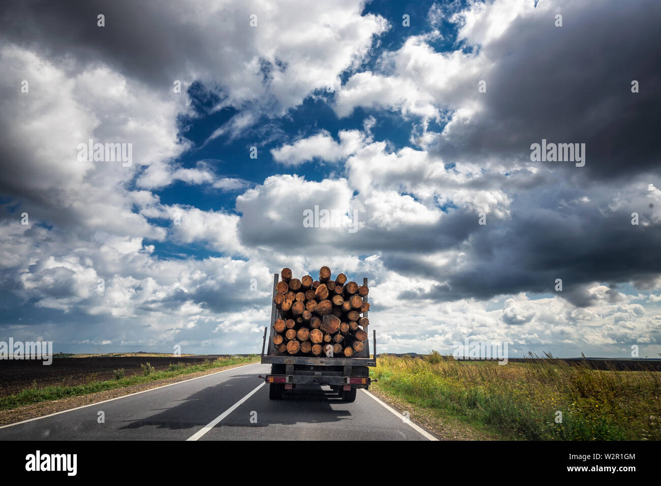 Truck transports timber - all untreated pine wood with cloudy sky ...