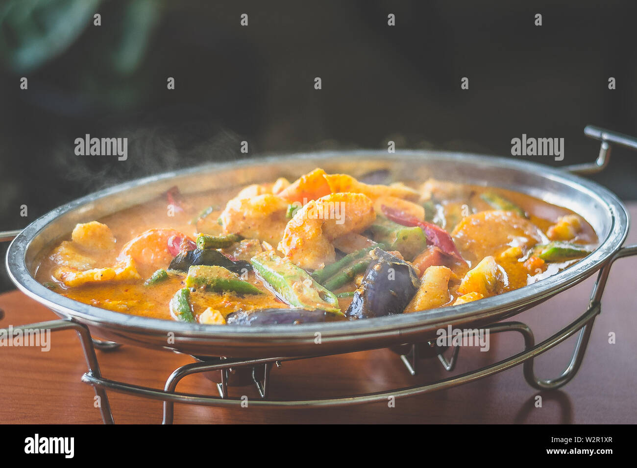 Curry Assam Fish slice with eggplant brinjal okra lady's fingers long ...