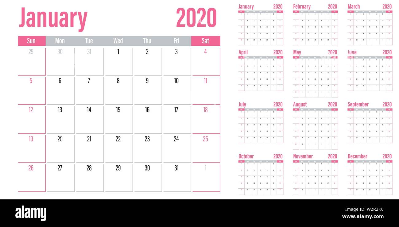 Calendar planner 2020 template vector illustration all 12 months week ...