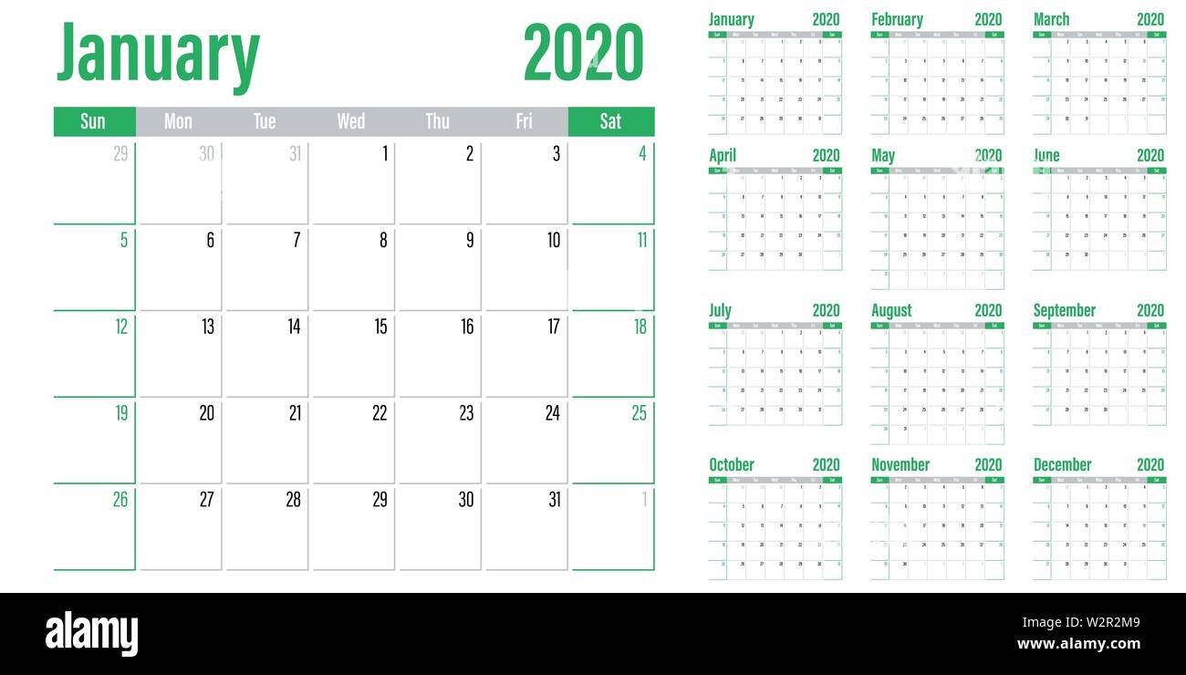 Calendar planner 2020 template vector illustration all 12 months week ...