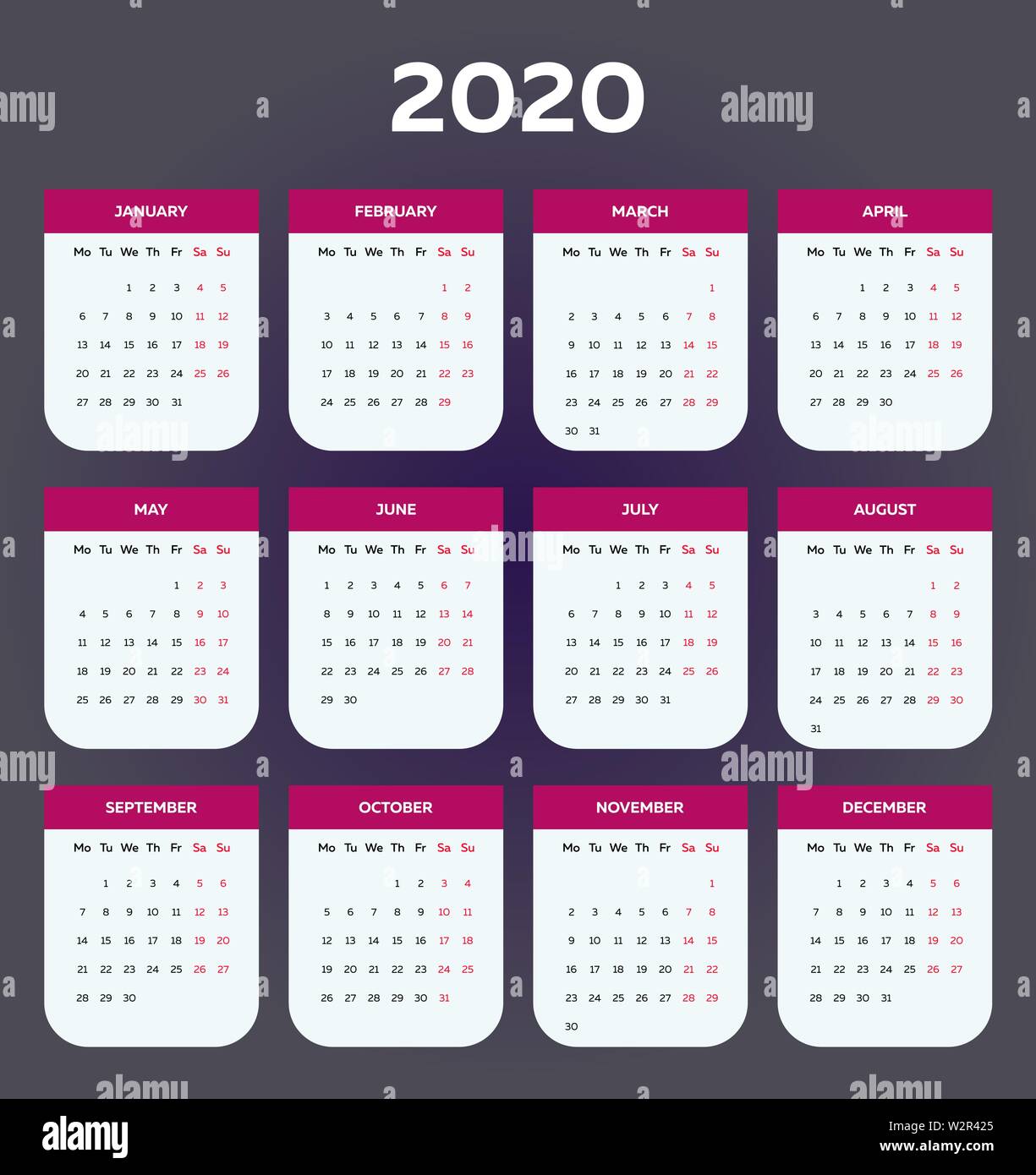 The 2020 calendar template with rounded angled boxes Stock Vector Image ...