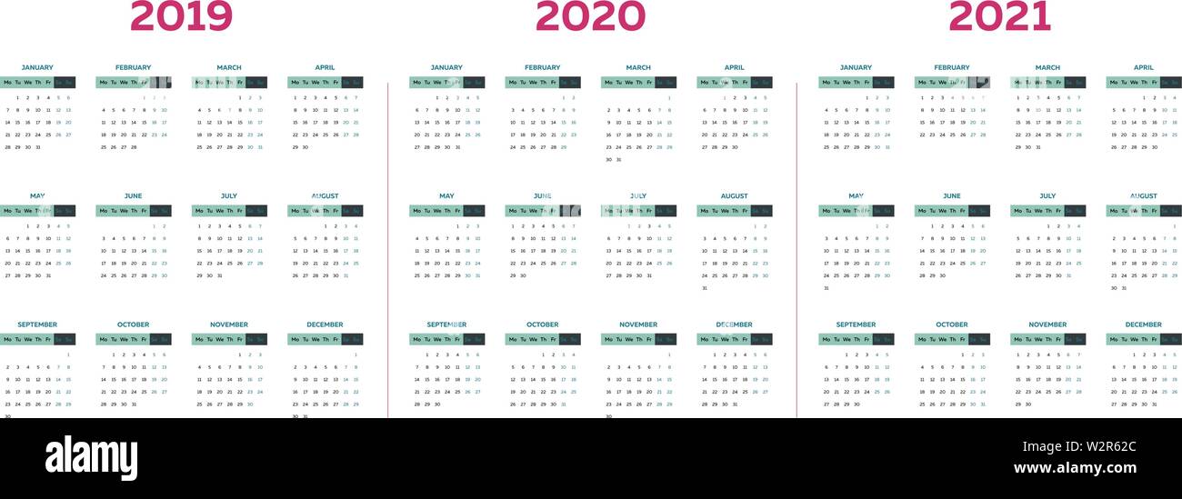 The 2019 2020 2021 calendar template with classical monthly columns ...