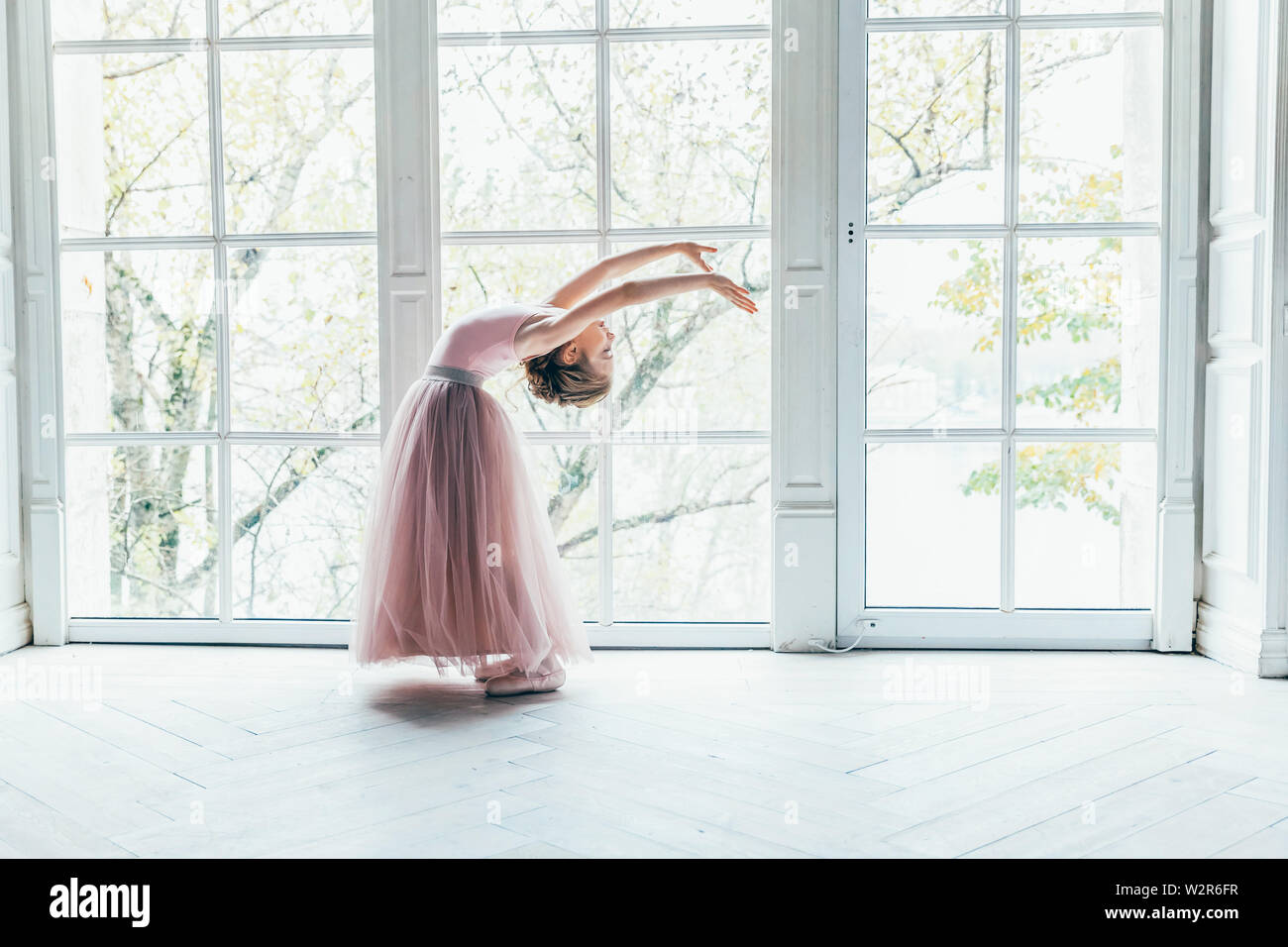 Young classical ballet dancer girl in dance class. Beautiful graceful ...