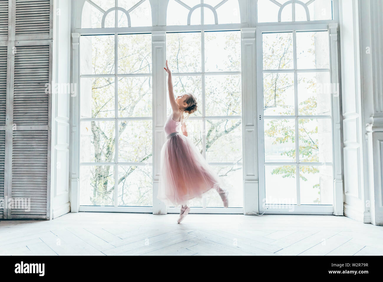 Young classical ballet dancer girl in dance class. Beautiful graceful ...