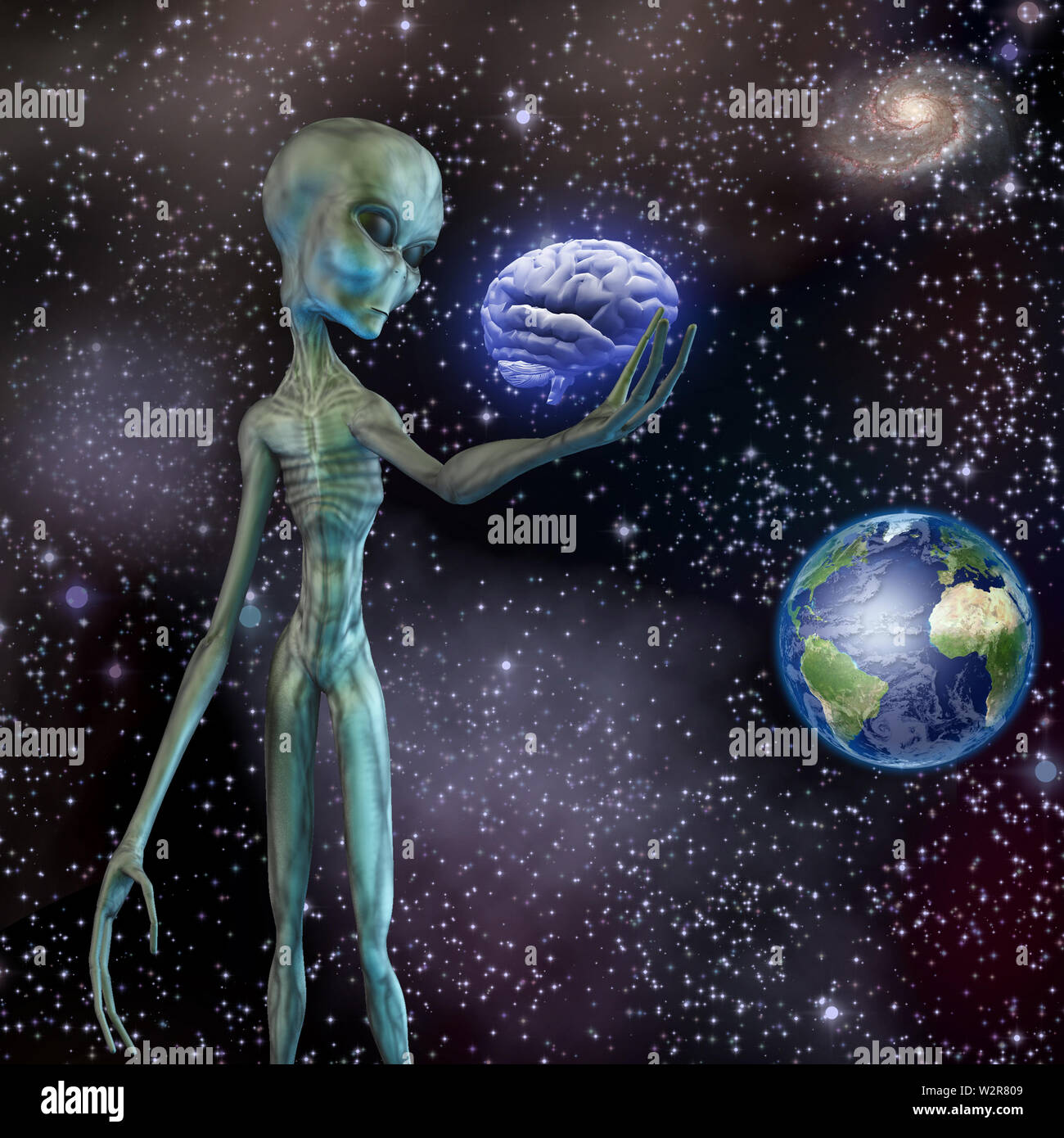 Sci - fi composition. Alien ponders human brain Stock Photo - Alamy