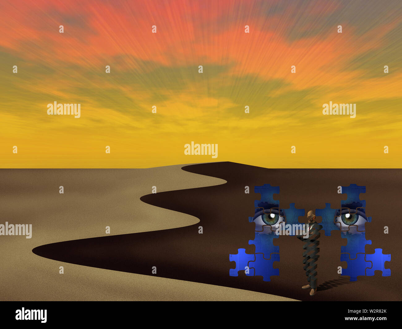 Surreal art. The desert of dreams. Spiral man and eyes in puzzle pieces ...