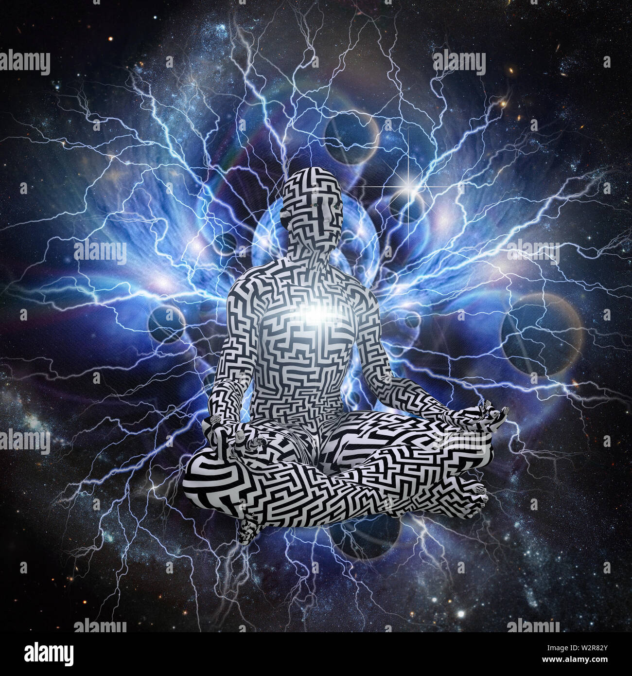 Meditation Power. Figure of man with maze pattern in lotus pose ...