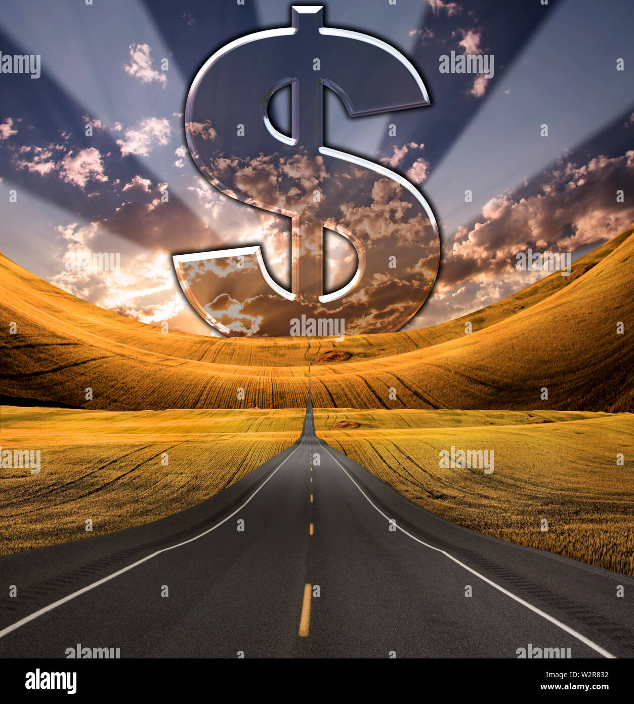 Path to Success. Dollar sign on the horizon at the end of road Stock ...
