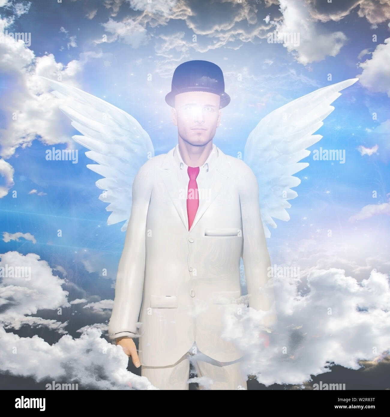 Angelic being. Winged man in white suit Stock Photo - Alamy