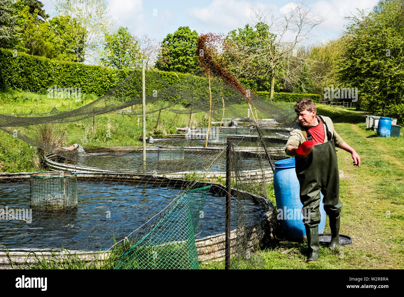 Man wearing waders standing next to water tank at a fish farm raising ...