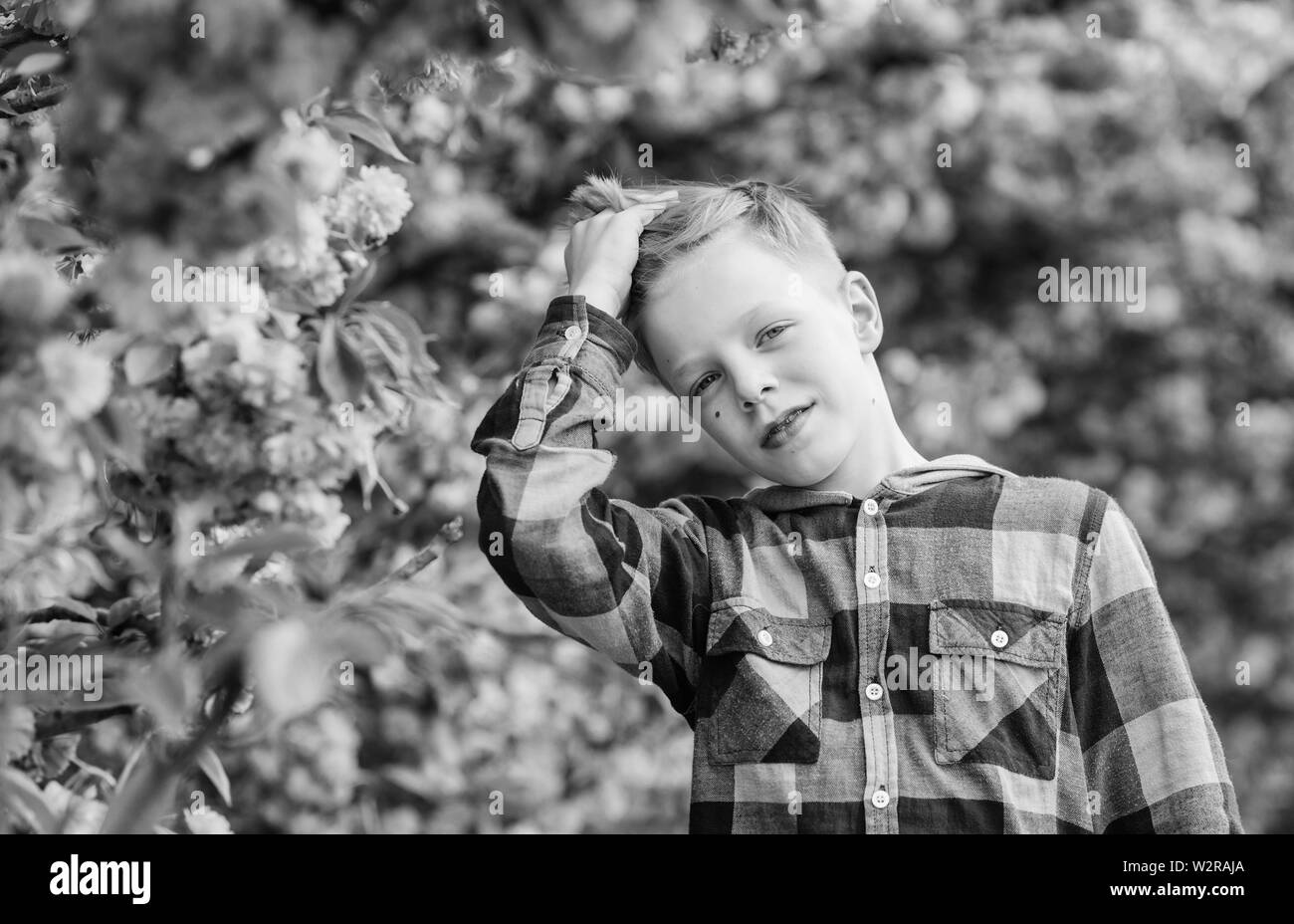 Boy teen posing near sakura. Child on pink flowers of sakura tree ...