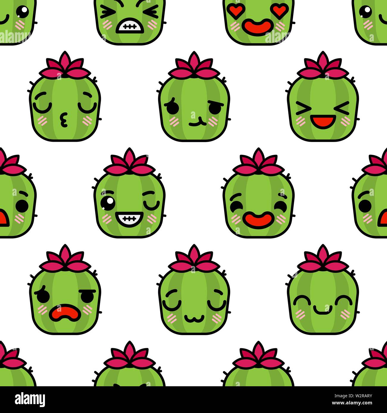 Seamless pattern with cute kawaii emoji cacti vector cartoon ...