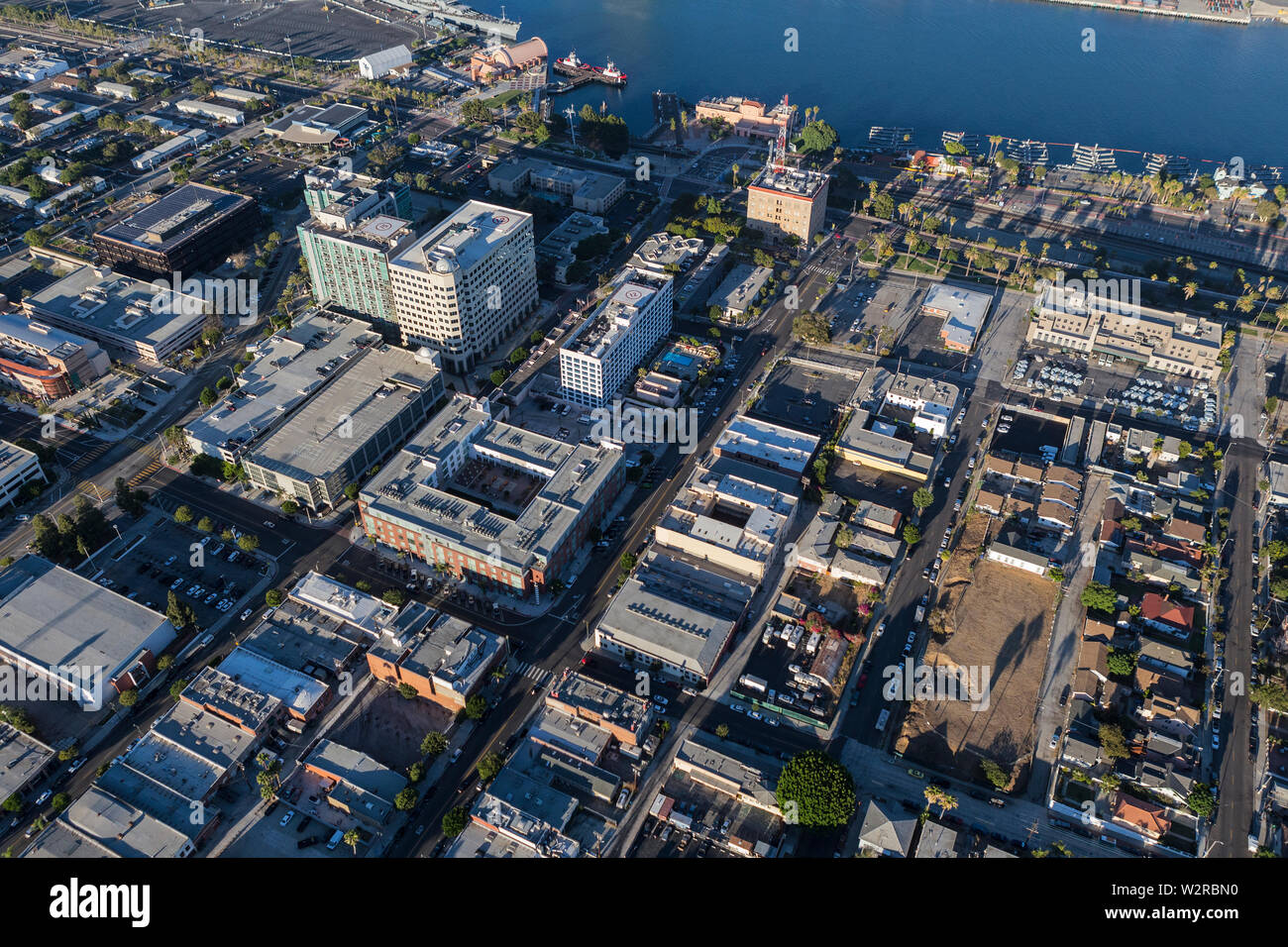 Afternoon aerial view of downtown San Pedro buildings and waterfront in ...