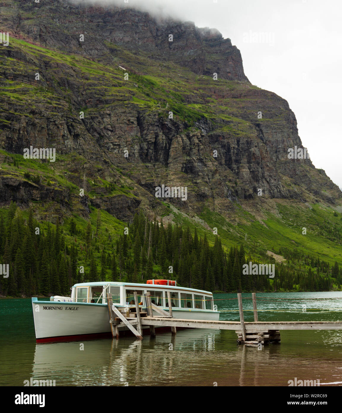 Morning Eagle, the historic wooden passenger boat on Swiftcurrent Lake ...