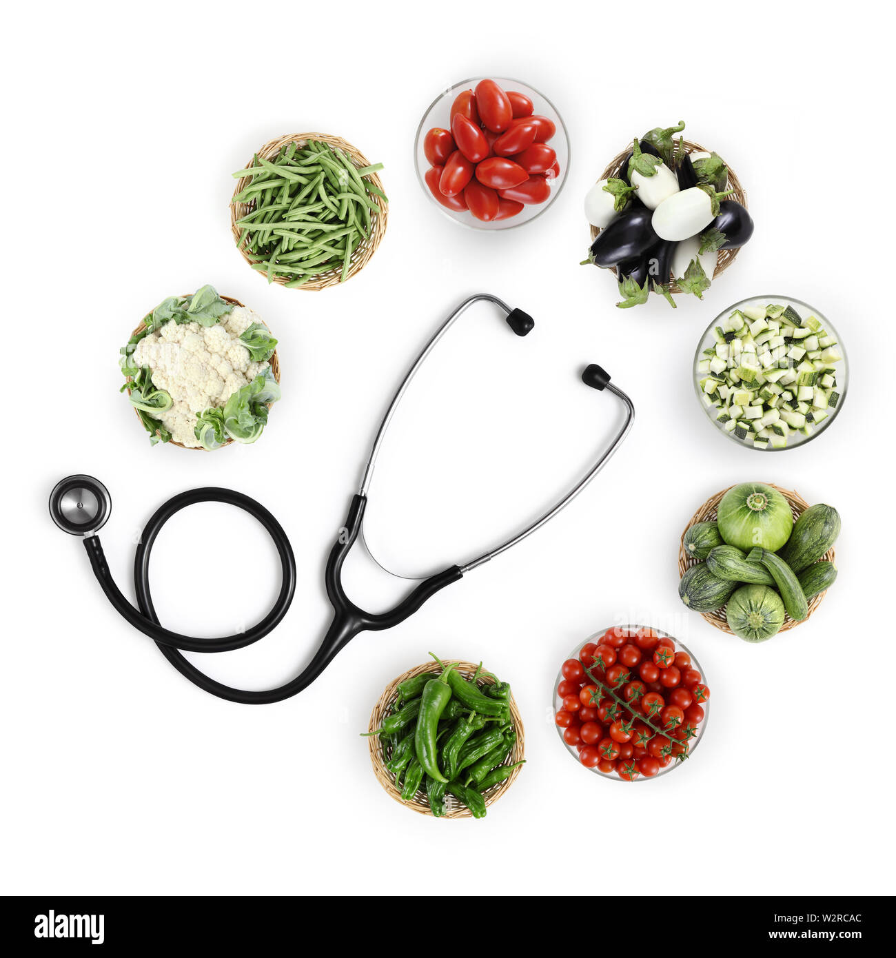 concept of balanced medical diet with healthy food, stethoscope and ...