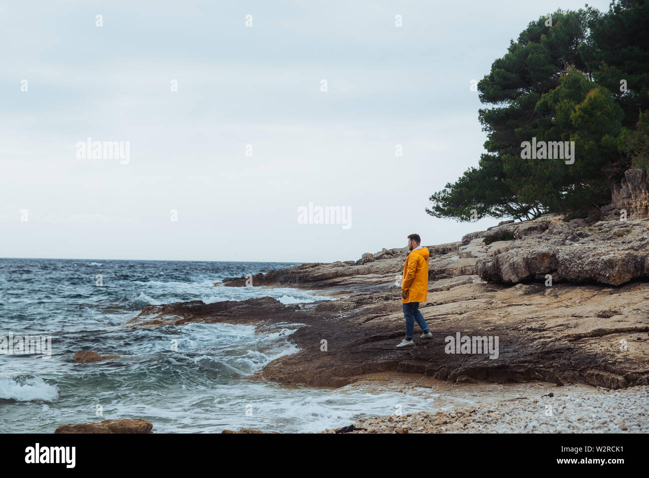 man walking by rocky beach in yellow raincoat. overcast windy weather ...