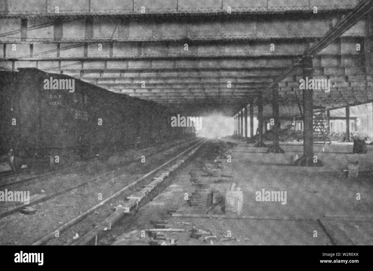 Bush Terminal pier showing railroad tracks in the shed 1914 Stock Photo ...