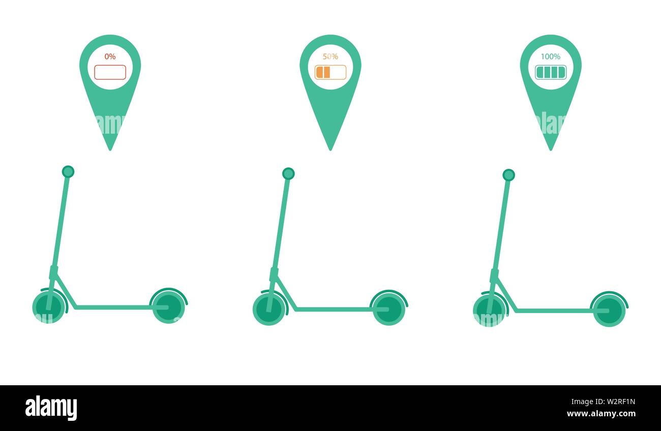 Set of 3 electric kick scooters with map location pin and different ...