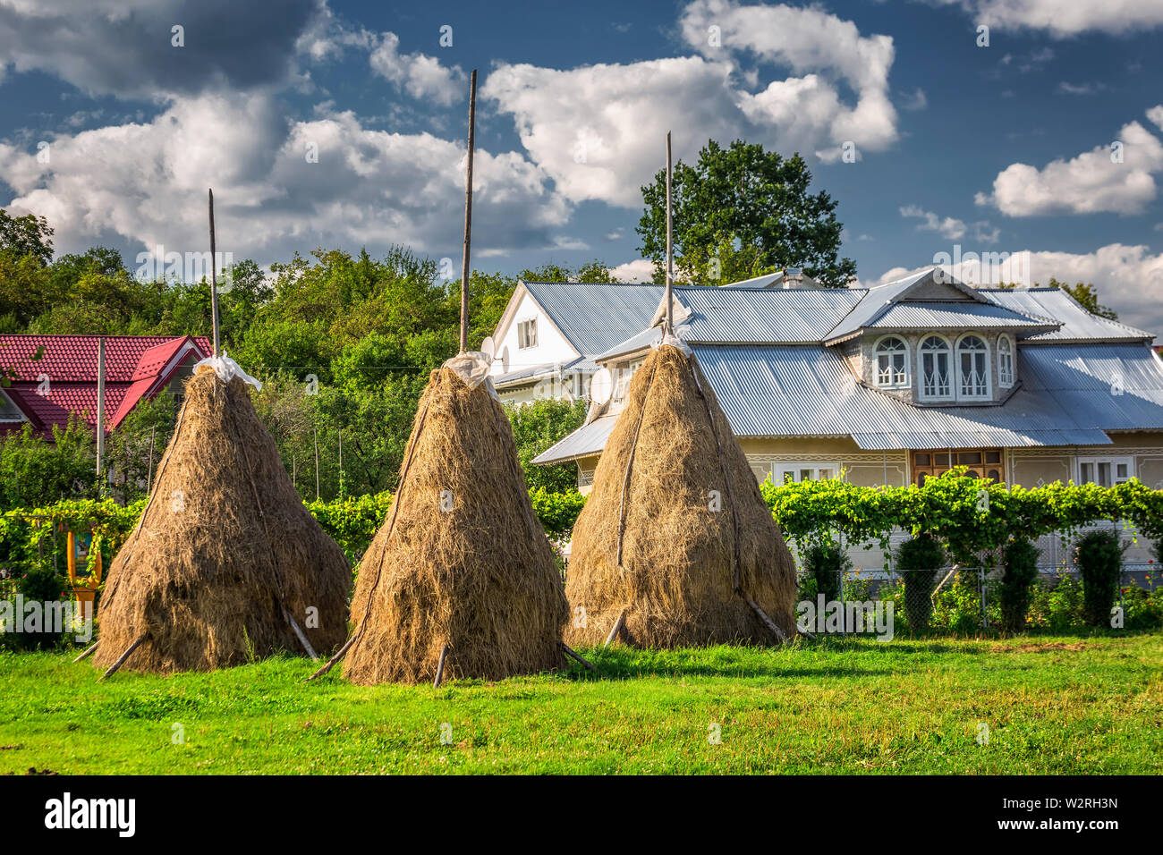 Famous Straw haystack shot at sunset time at Carpathian Mountains ...