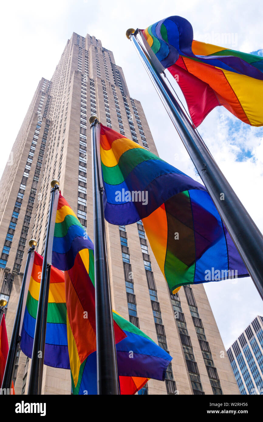 Rainbow color flags celebrate WorldPride at Rockefeller Center Plaza ...