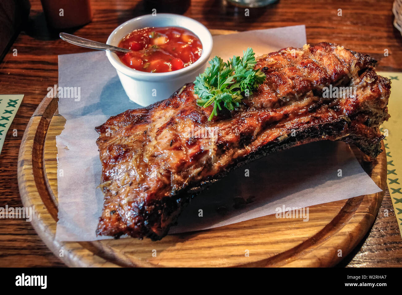 Traditional Ukrainian meat with hot souce in the bowl. Flat lay. Top ...