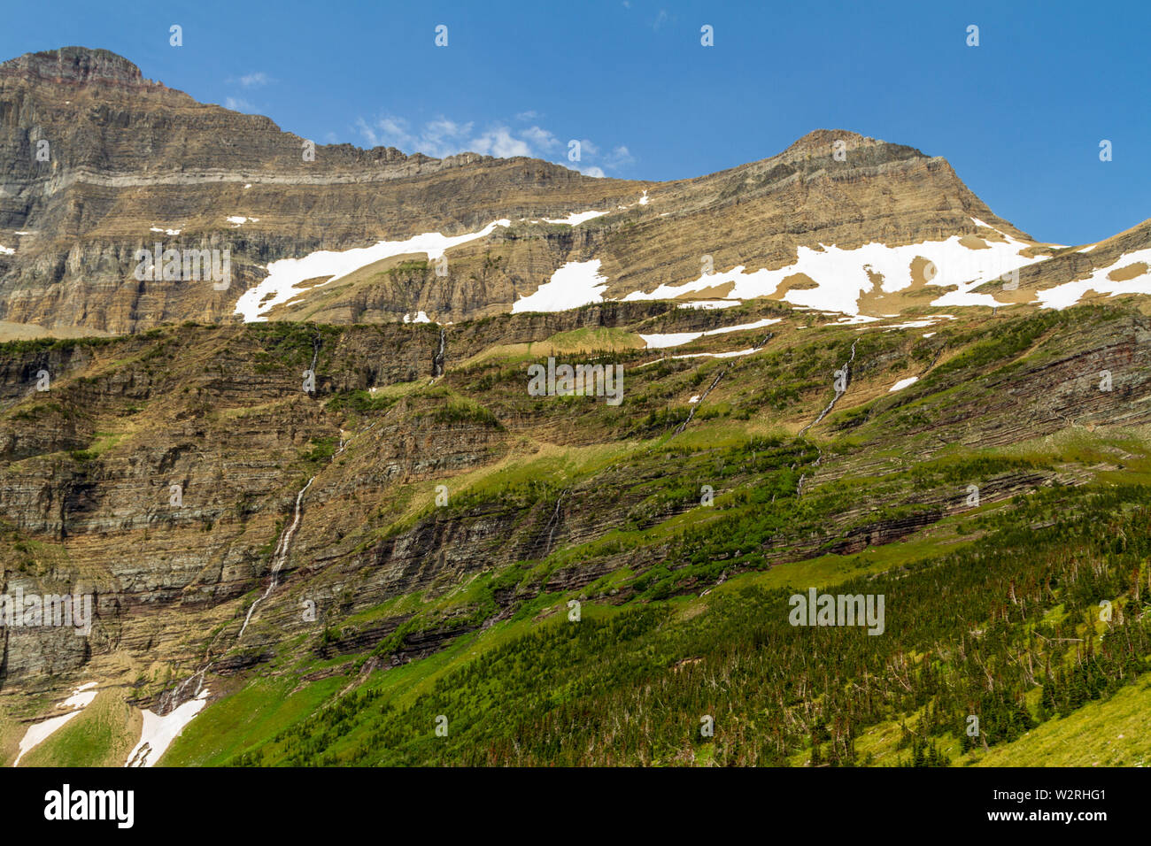 Wide shot of the alpine waterfalls of Baring Creek and NE Ridge of ...
