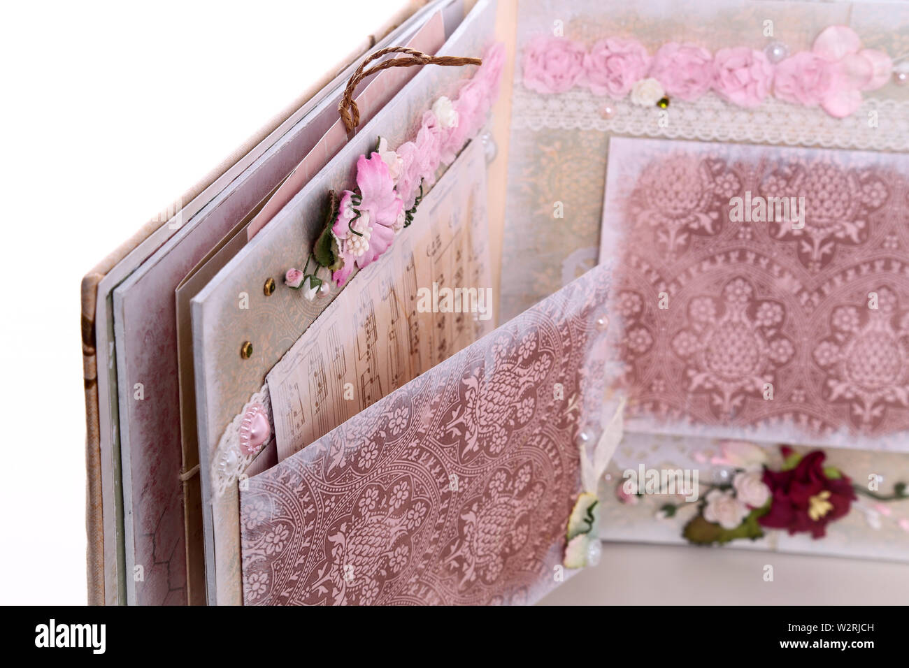 Handmade scrapbooking boxes and books items on white background Stock ...