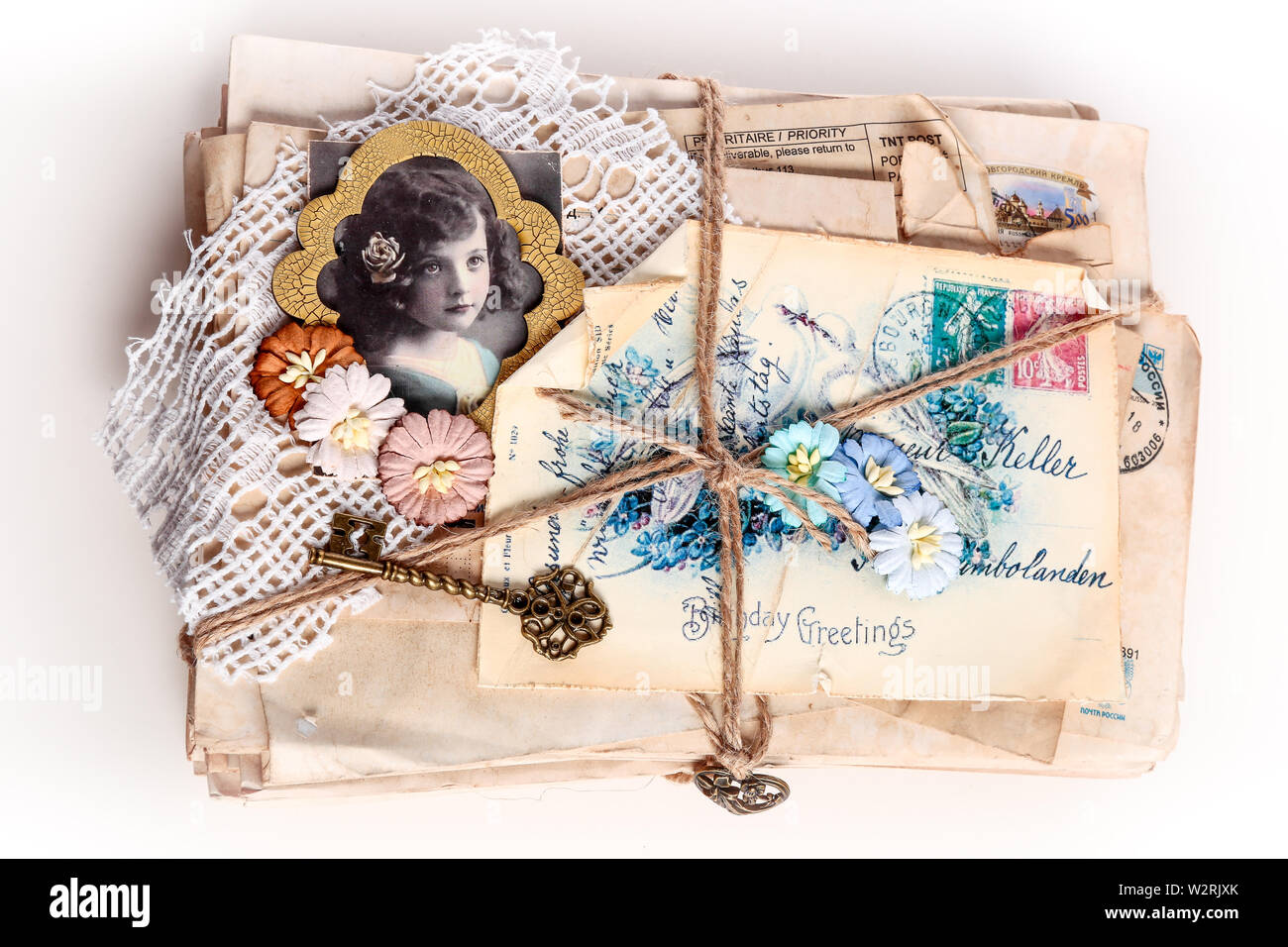 Handmade scrapbooking boxes and books items on white background Stock ...