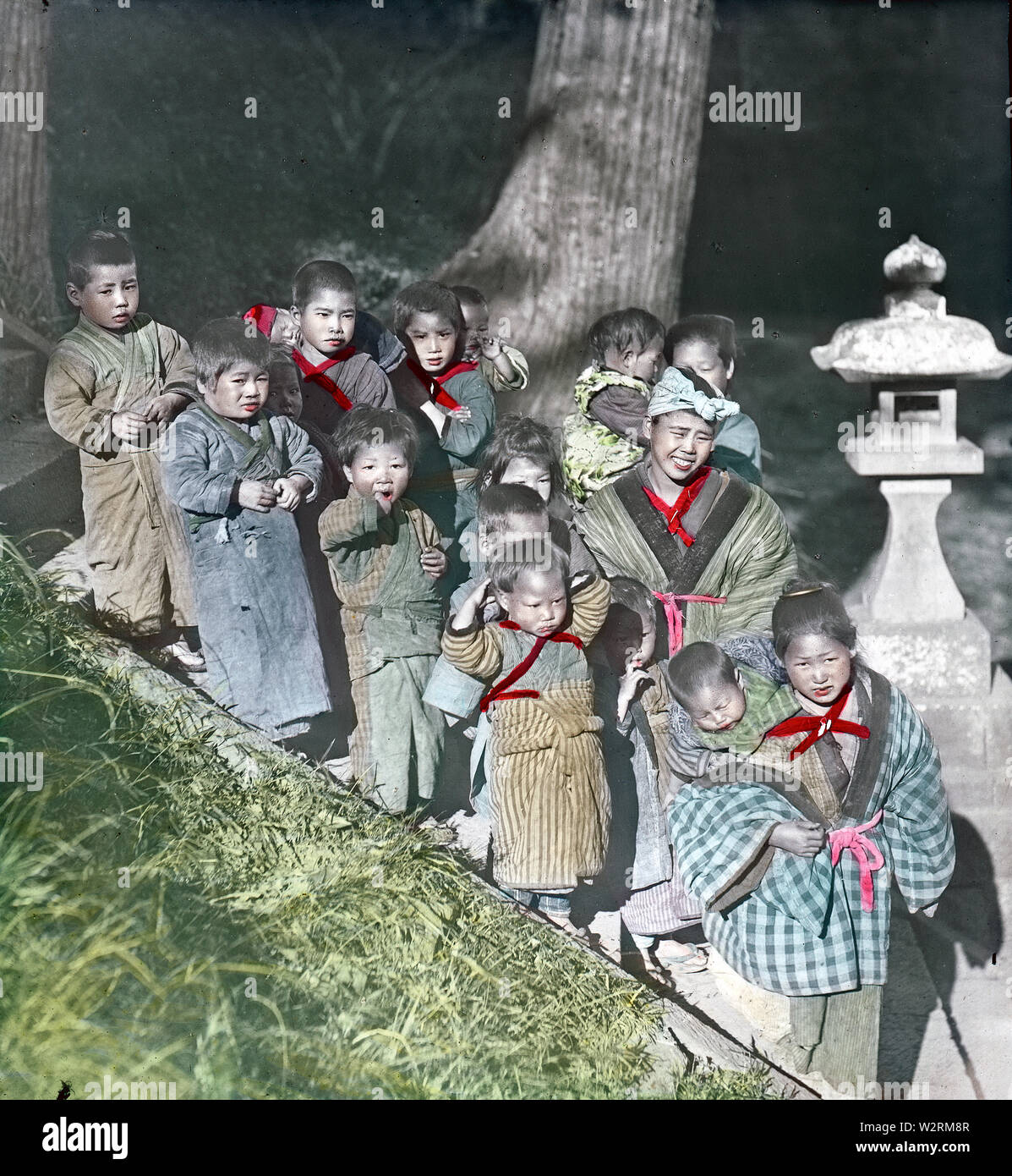[ 1890s Japan - Young Japanese Nursemaids Carrying Babies ] — A group ...