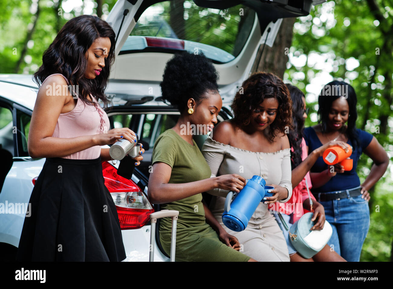 Group of five happy african american traveler girls sitting in car open ...