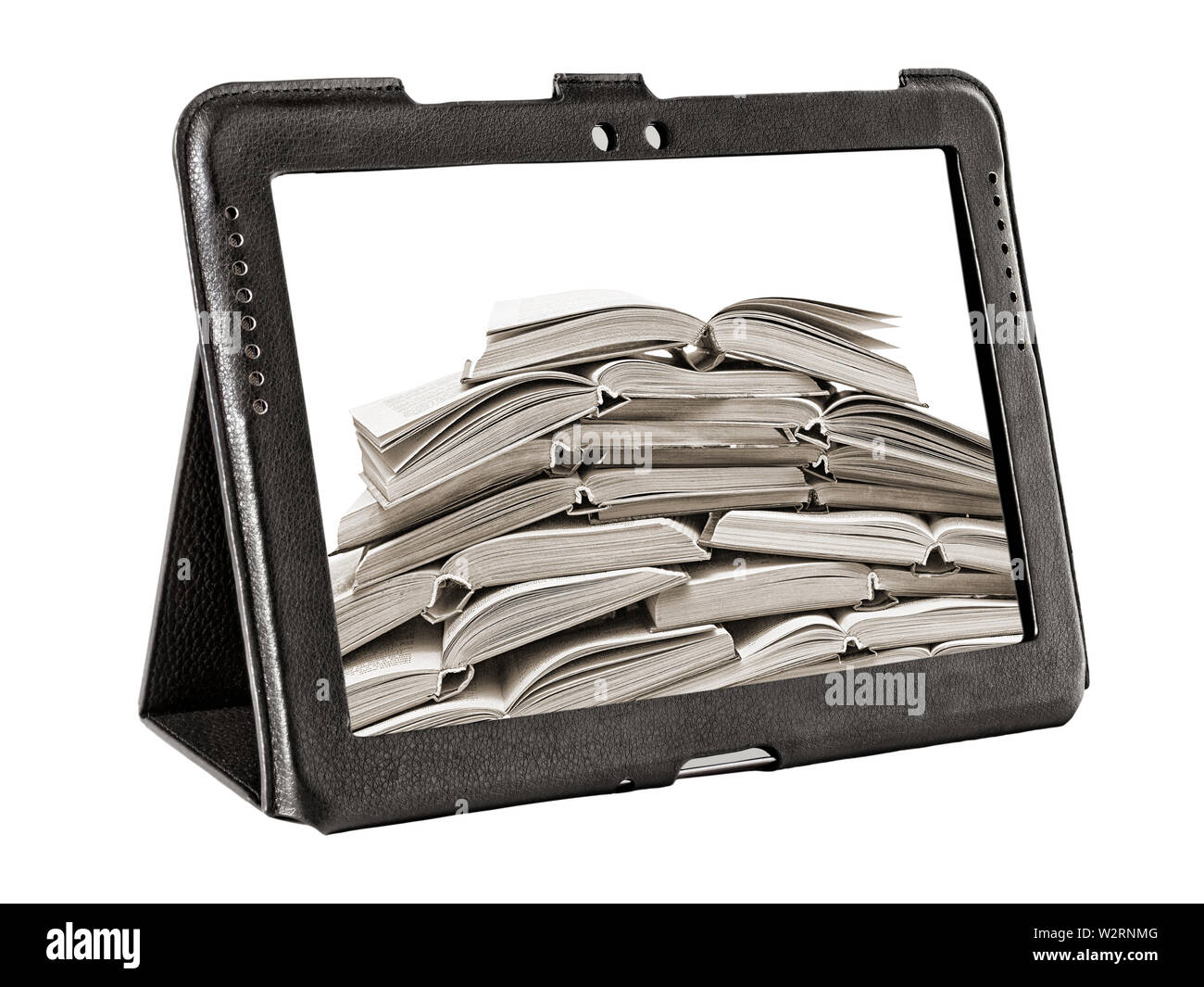 stack of books on a tablet screen isolated on white background Stock ...