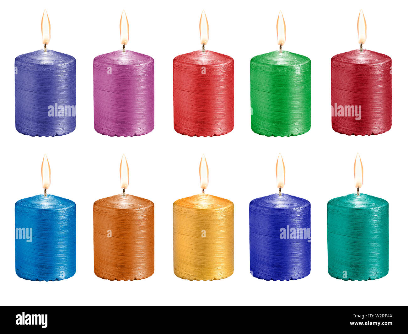 set multicolored celebratory burning candles isolated on white ...