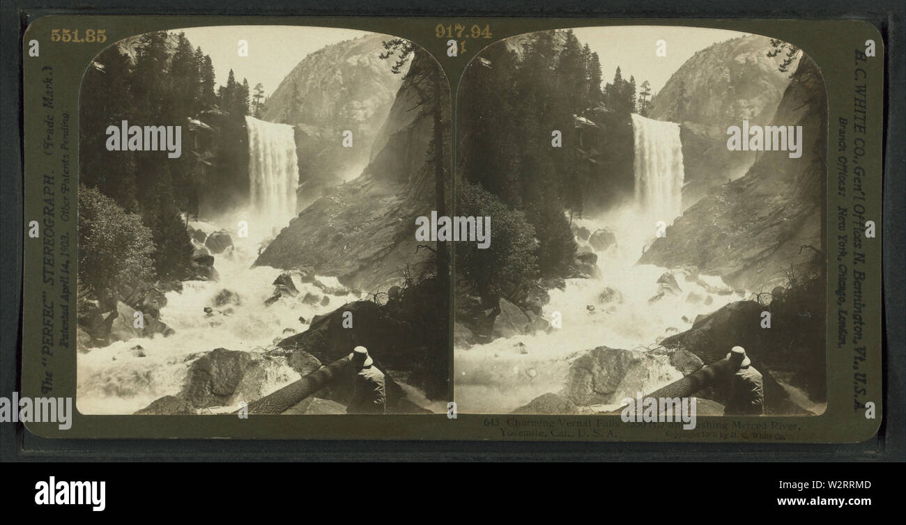 Charming Vernal Falls (350 ft) and rushing Merced River, Yosemite, Cal ...