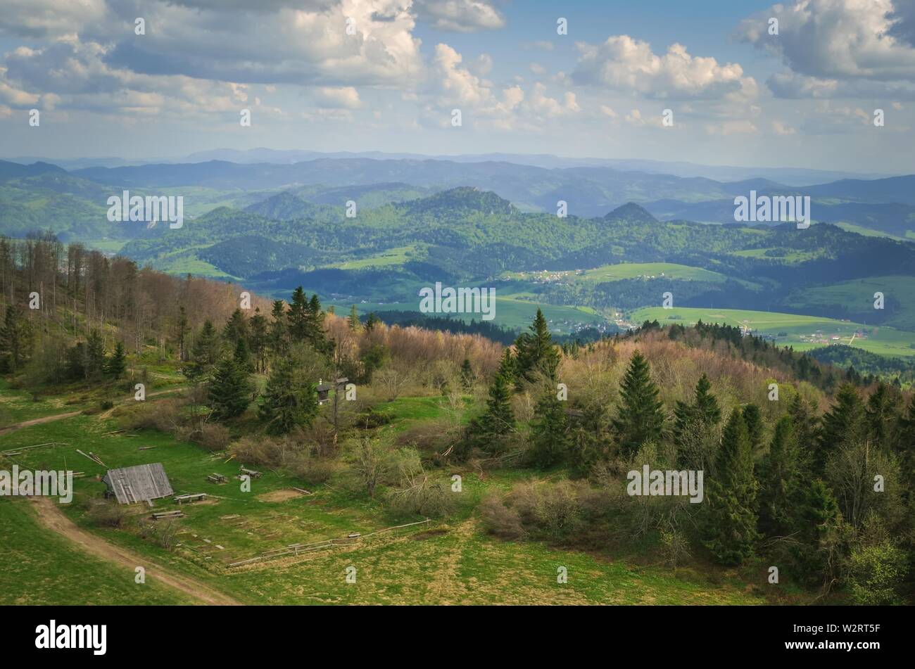 Beautiful mountain spring landscape. Picturesque valley and green hills ...