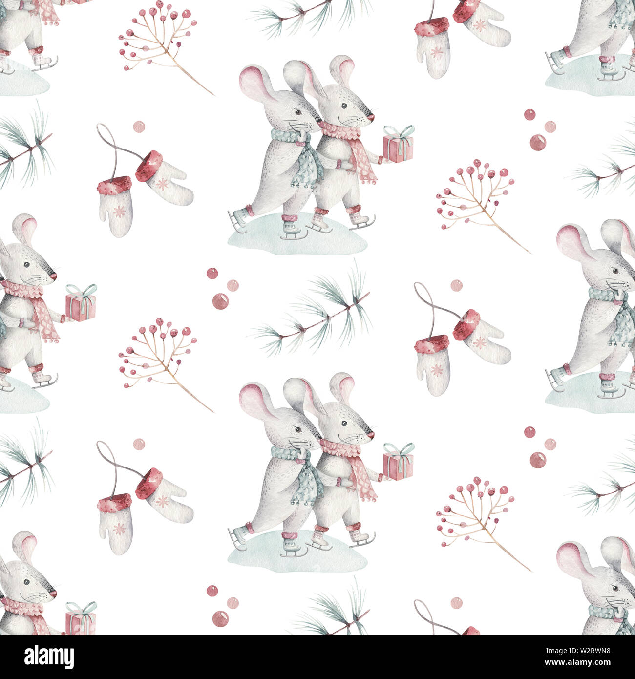 Cute cartoon christmas rat mouse christmas card. Watercolor hand drawn ...