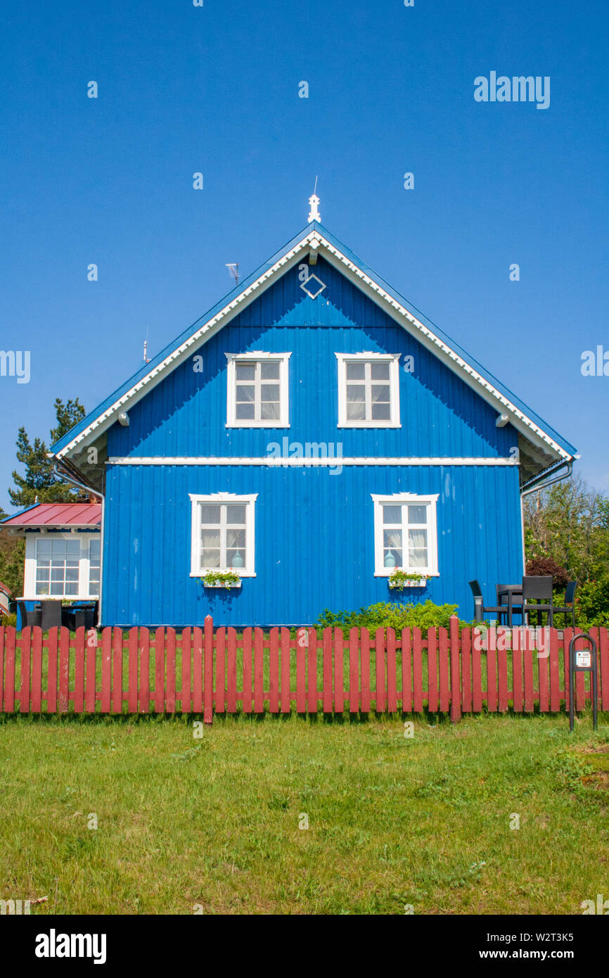 Beautiful old Lithuanian traditional blue wooden house in Nida ...