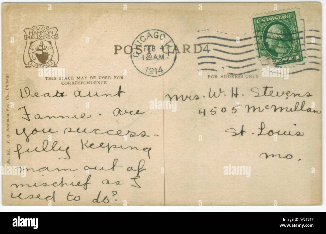 Contented And At Home In Chicago (back) Postcard stamped 1914 Stock ...