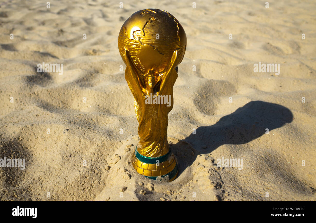 May 30, 2019. Doha, Qatar. FIFA World Cup trophy on sand. FIFA World ...