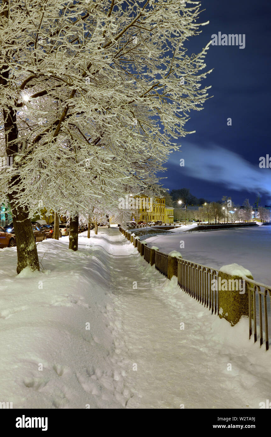 Snow-white winter in the city.The trees are covered with bright snow ...
