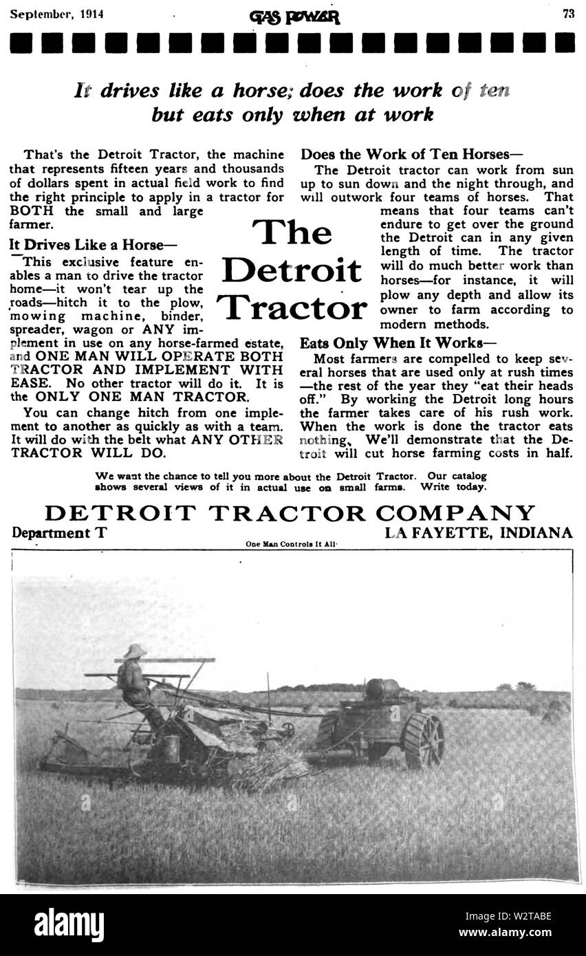 Detroit Tractor advert in Gas Power 1914-09 Stock Photo - Alamy