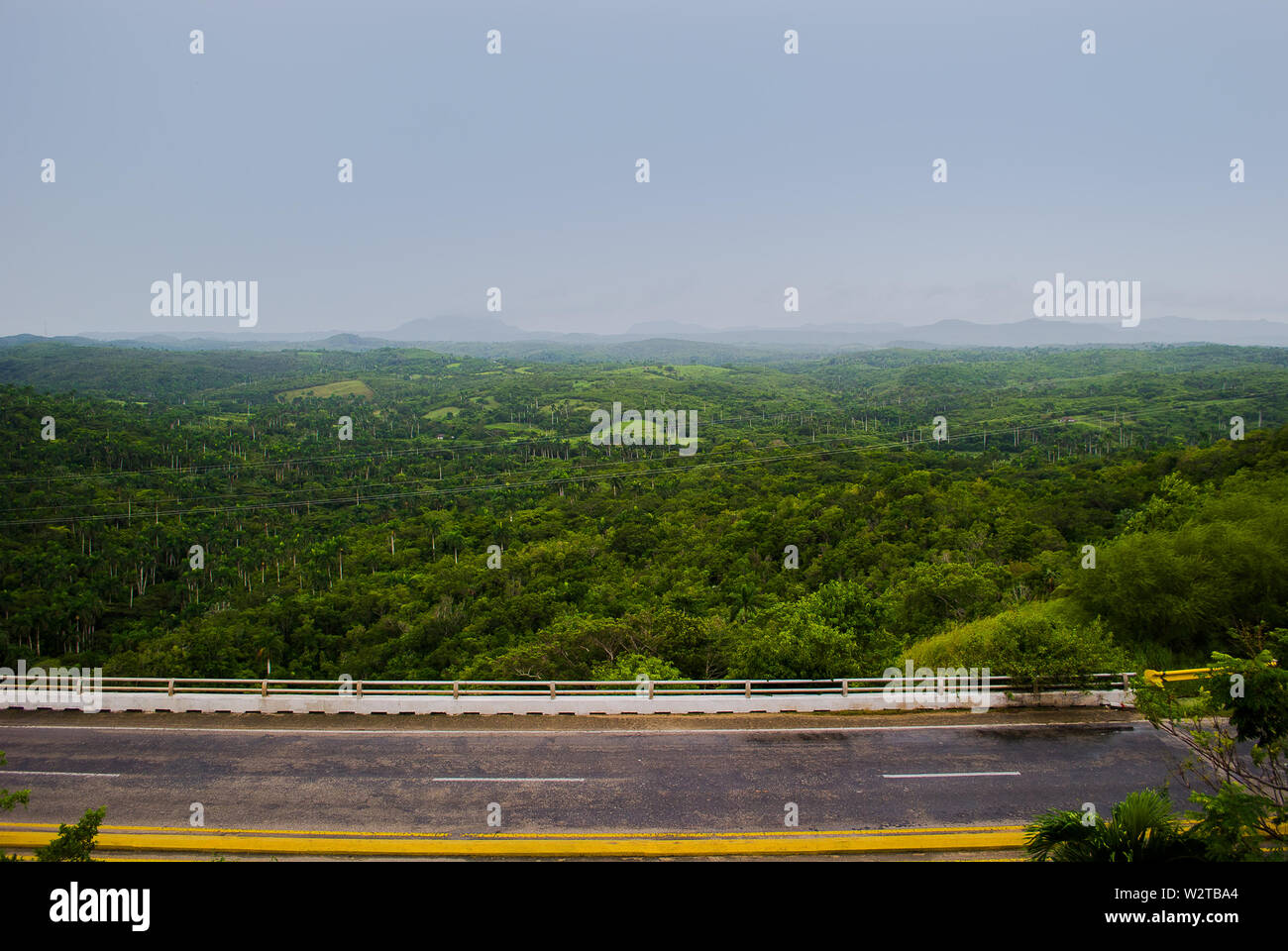 Strip of a wet road spread out over Cuban jungle on a rainy monsoon day ...