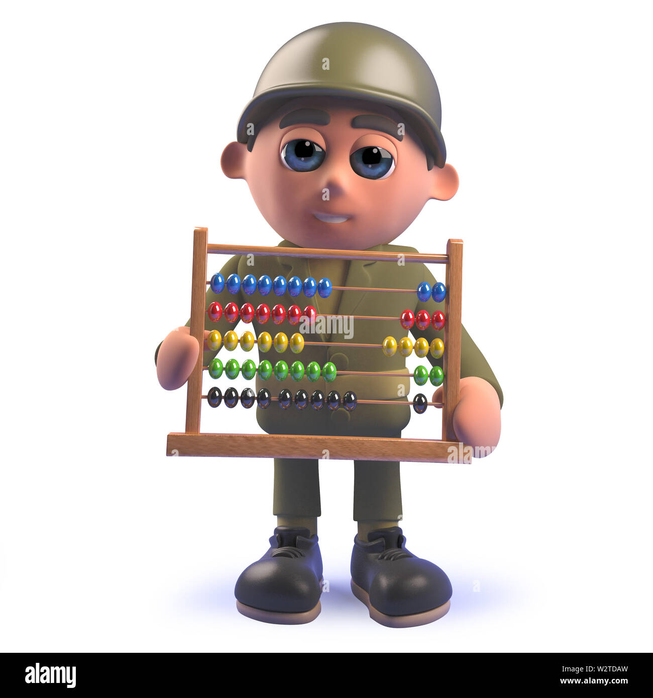 Rendered 3d image of a cartoon army soldier character holding an abacus ...