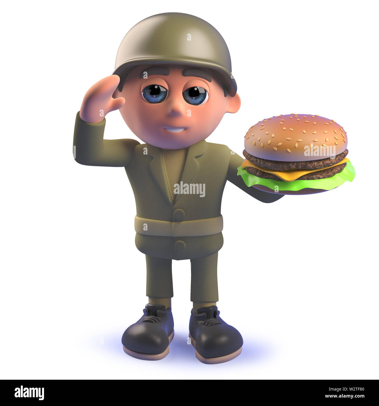Rendered 3d image of a cartoon 3d army soldier holding a cheese burger ...